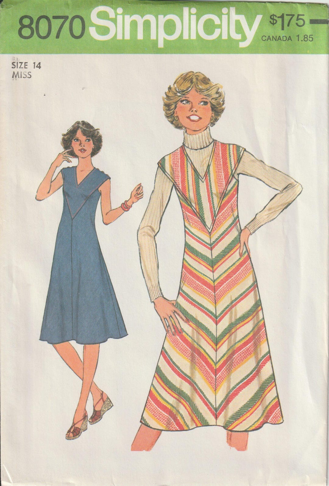 Vintage 70's Simplicity 8070 Misses' Bias Dress or Jumper V Neckline Sewing Pattern Size 14 ...