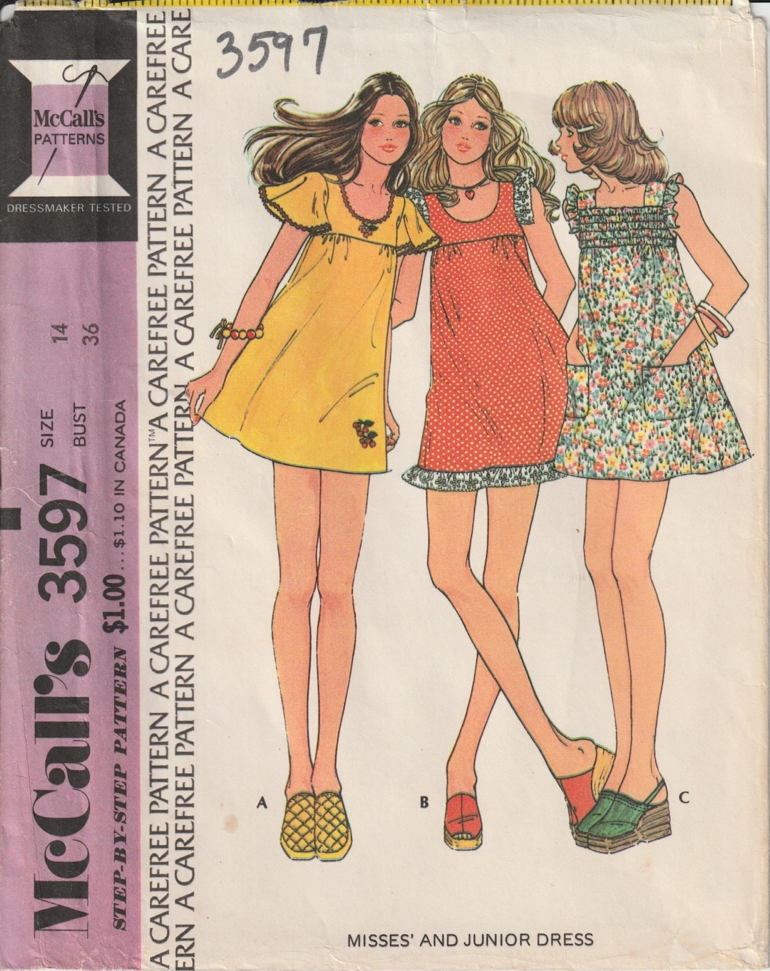 Mccall's 3597 Vintage 70's Misses Mini Dress With Cap Sleeves Patch ...