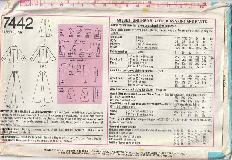 Vtg 70's Unlined Blazer A-line Skirt Pants Simplicity 7442 Sewing ...