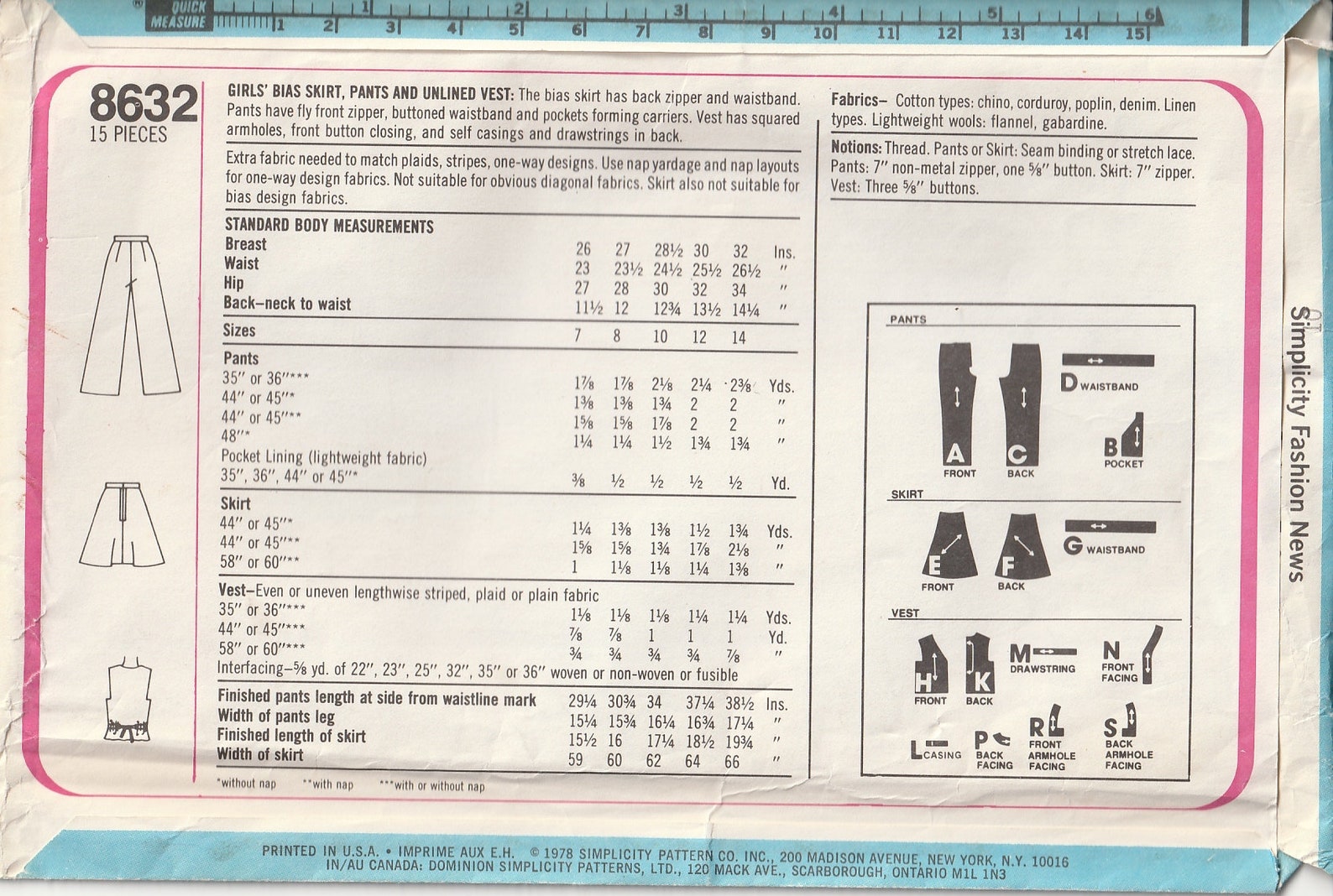 Vtg 70's Simplicity 8632 Girls Bias Skirt, Pants and Unlined Vest Size ...