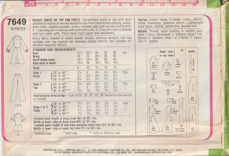 Simplicity 7649 UNCUT 1970's Women's Safari Style Dress Top and Pants ...