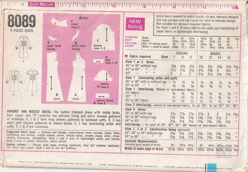 Vintage 1960's Simplicity 8089 Juniors A Line Dress, Dart Tucks V ...