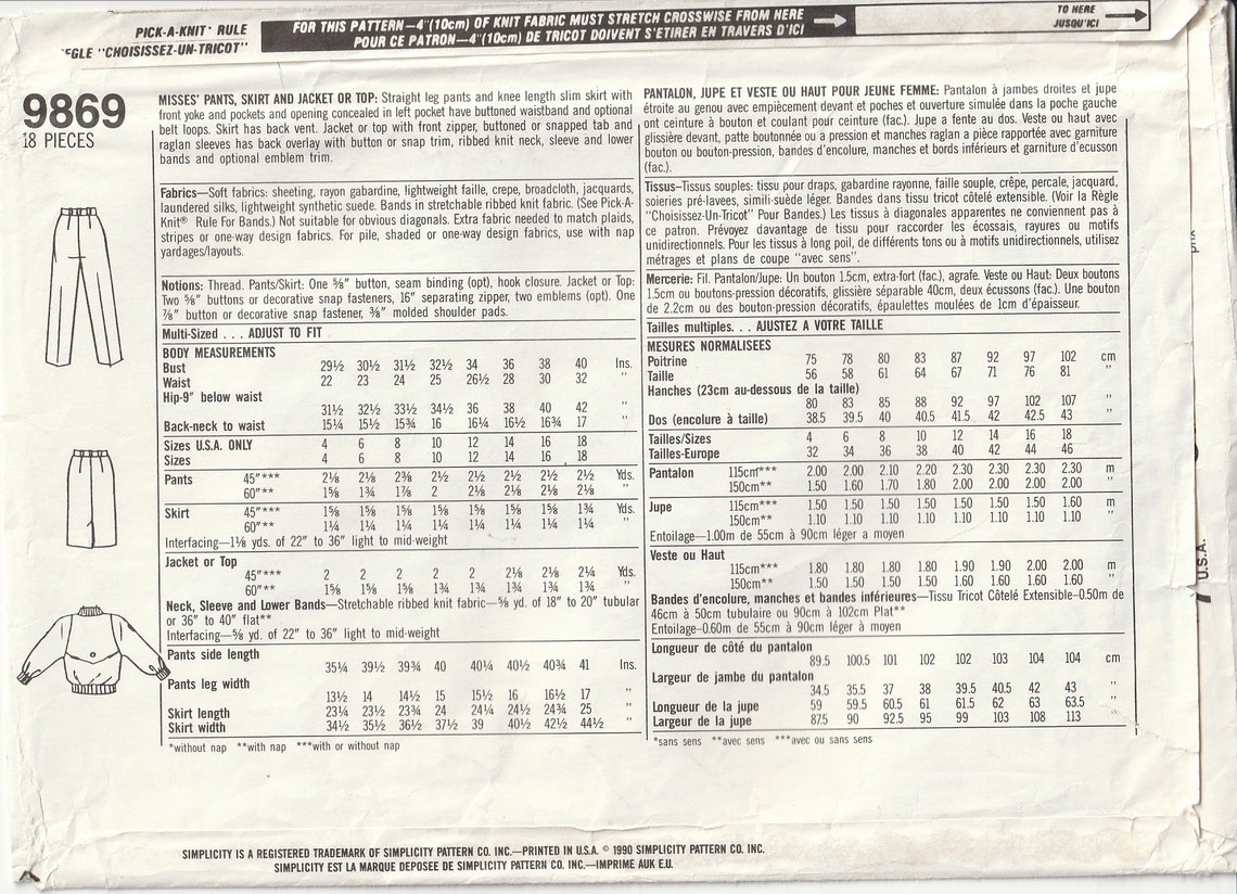 Vtg 90's Simplicity 9869 Misses' Pants, Skirt and Jacket or Top ...