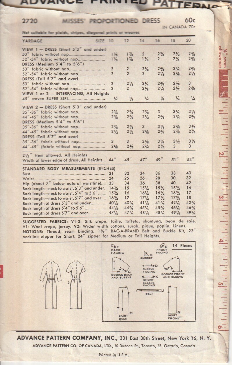 Advance 2720 Proportioned Slim Day Dress High Round Neckline - Etsy