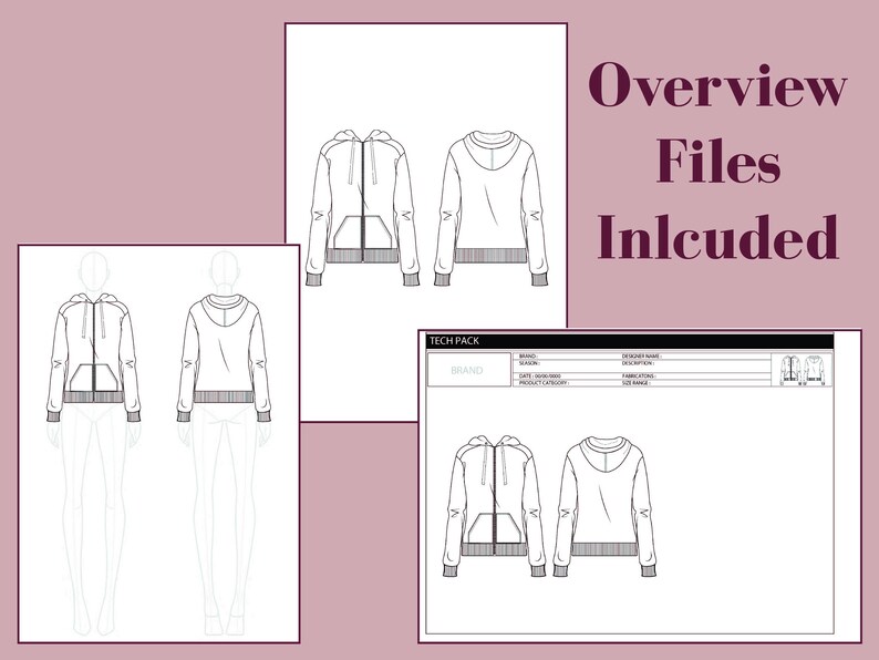 Fashion Flat Drawing / Technical Drawing ZIP HOODY WOMEN Front&back ...