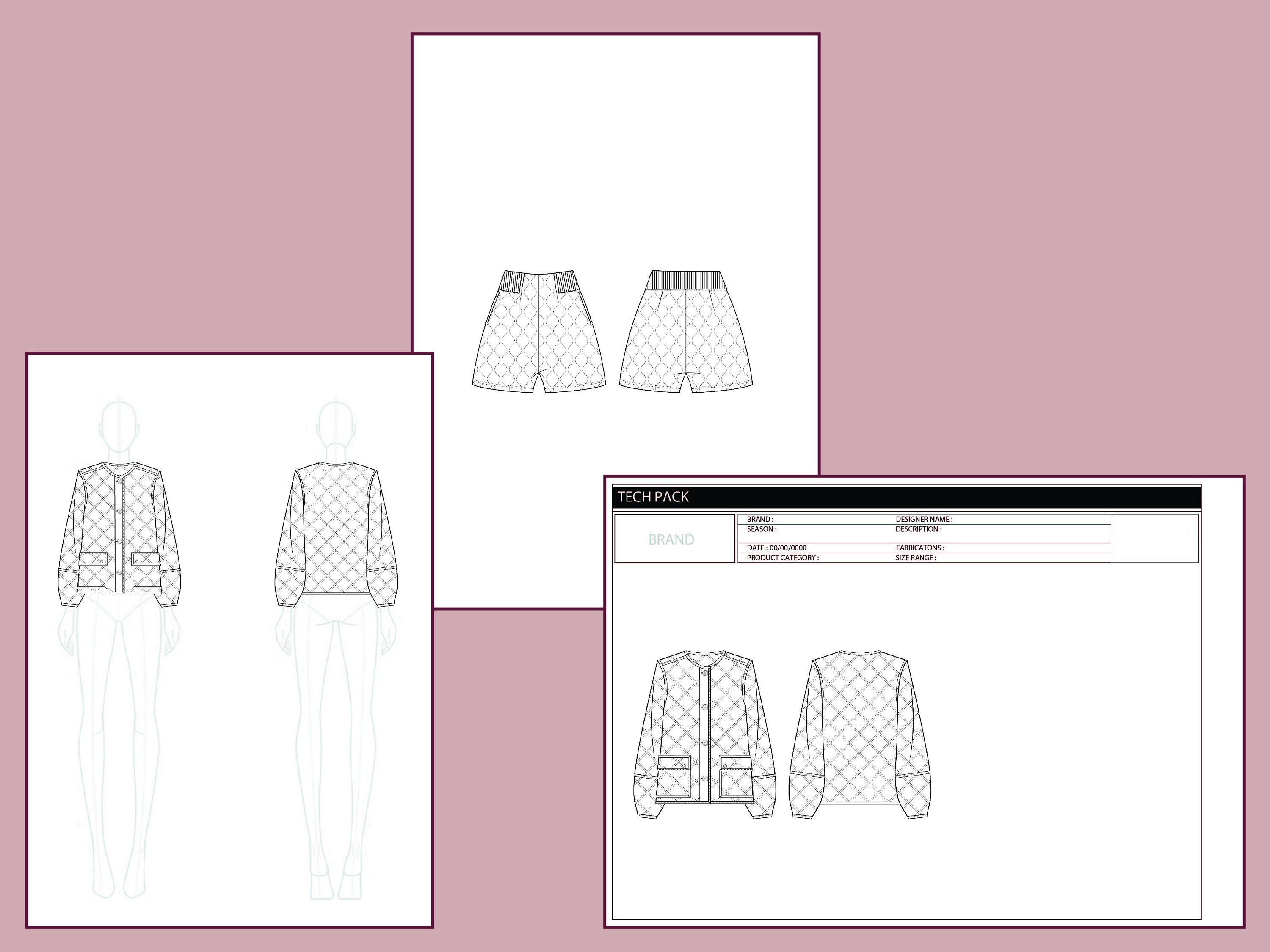 Fashion Flat Drawing / Technical Drawing WOMAN Co-ord SET QUILTED Front ...