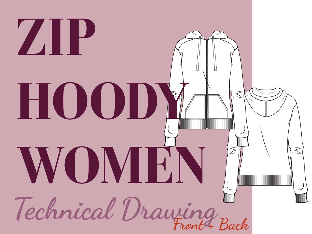 Fashion Flat Drawing / Technical Drawing ZIP HOODY WOMEN Front&back ...