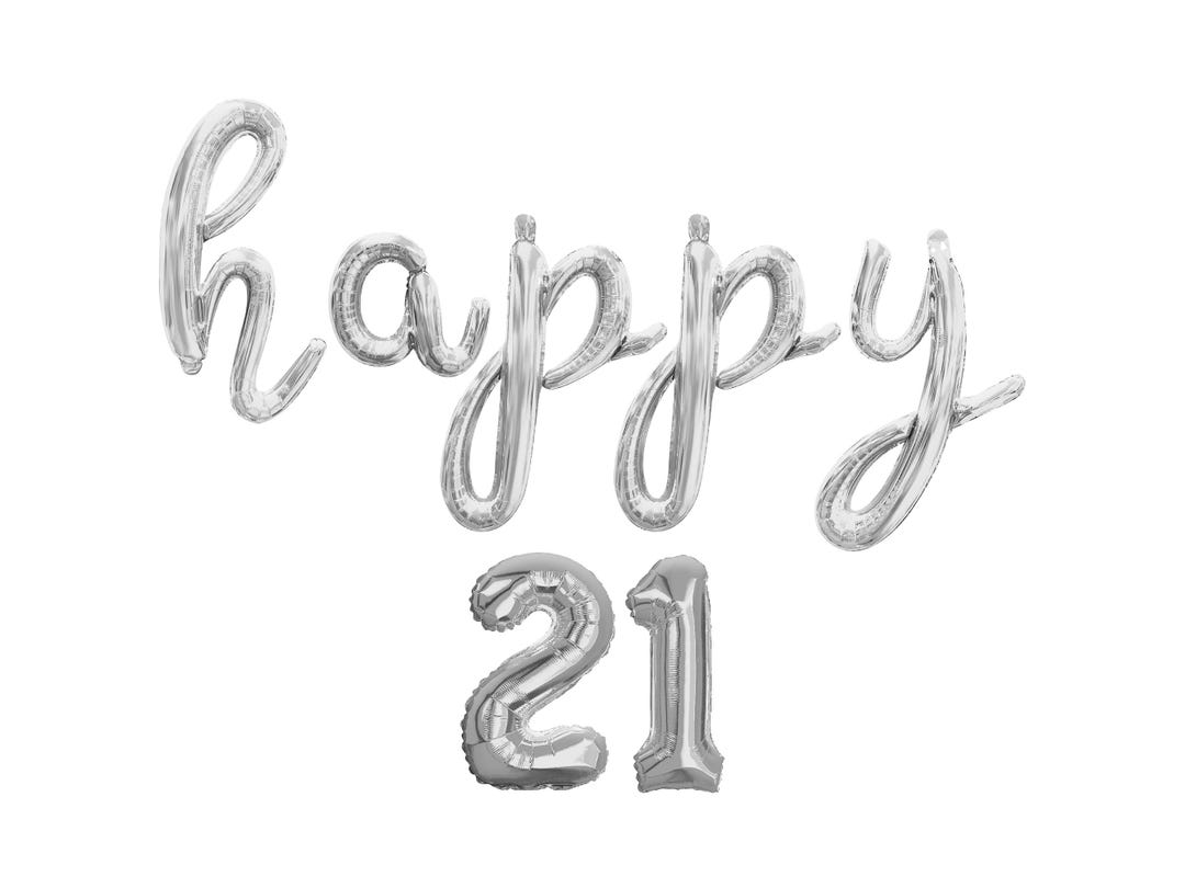 HAPPY 21 Cursive Letter Balloon Banner - Gold, Rose Gold & Silver ...
