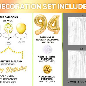 Gold & White 94th Birthday Decorations for Women - 40" Number Balloons ...