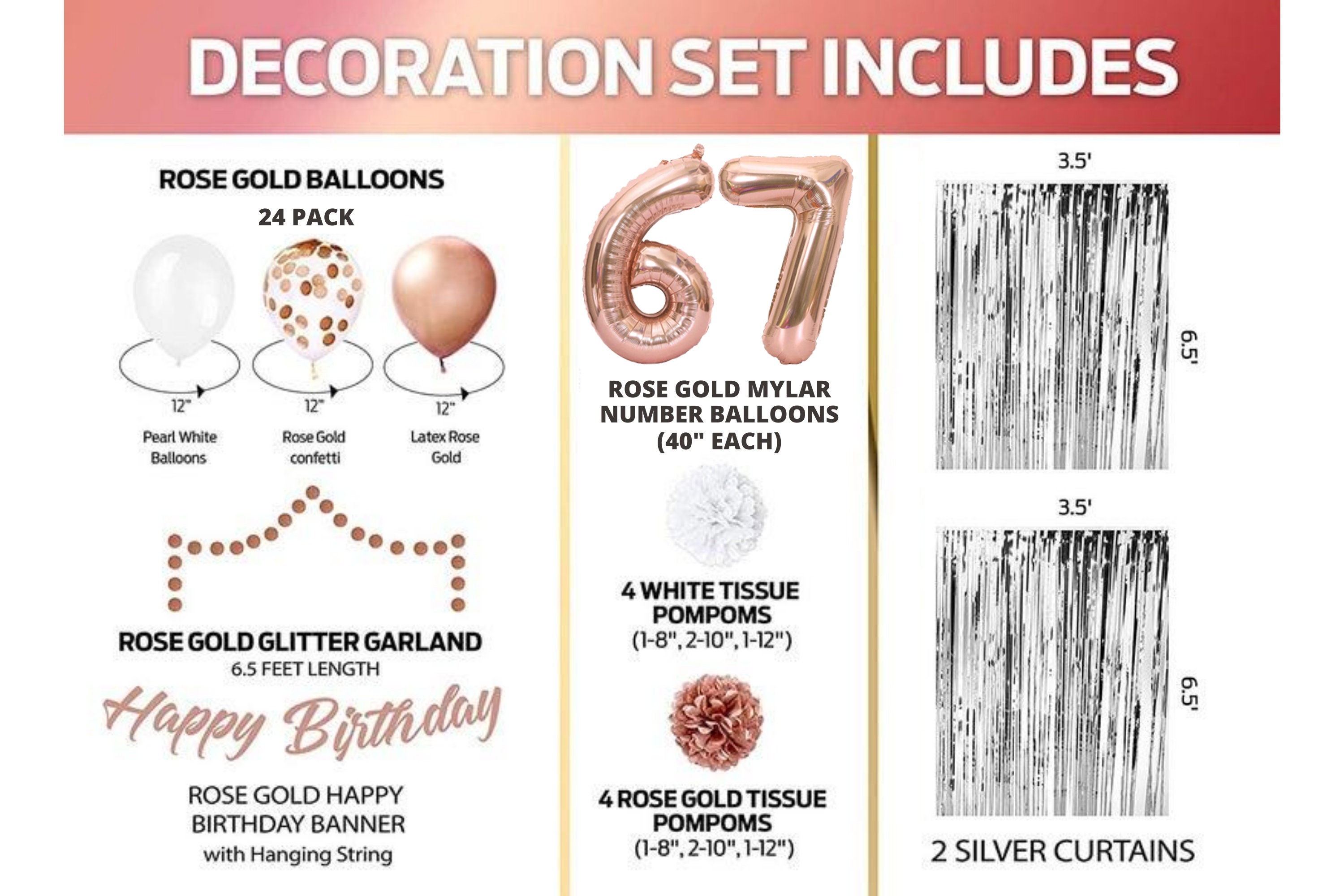 Rose Gold 67th Birthday Decorations for Women - 40" Number Balloons ...