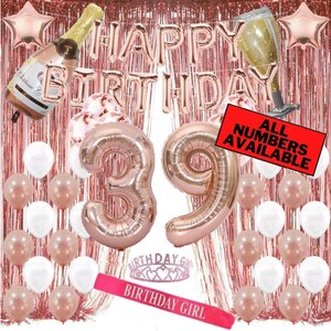 39th Birthday Rose Gold Decorations Incl. 40" Number "39" Balloons, 16 ...