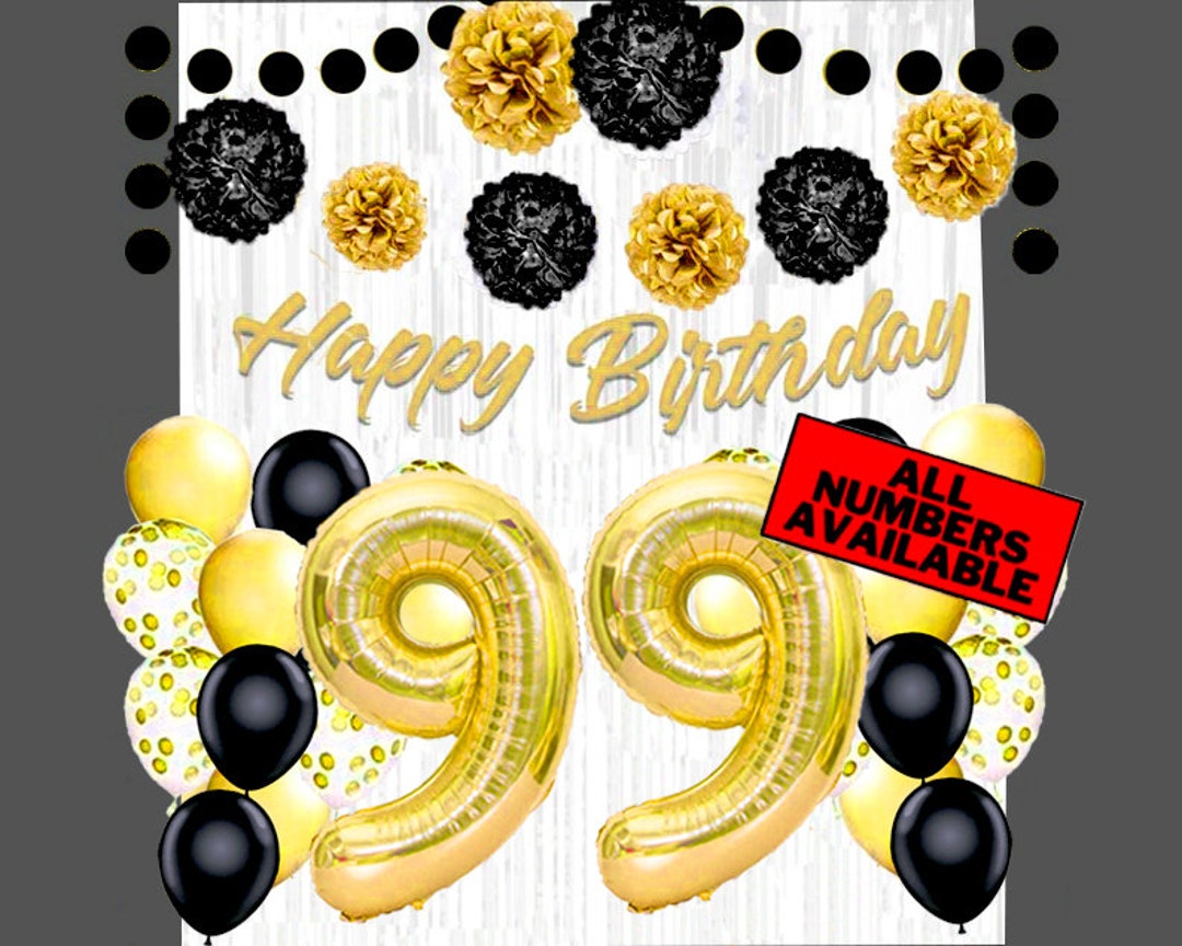 Gold & Black 99th Birthday Decorations for Women - 40" Number Balloons, Banner, Foil Curtains ...