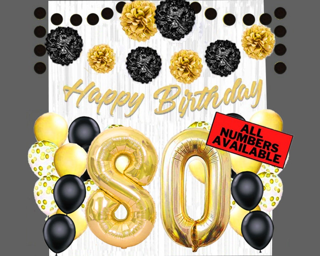 Black & Gold 80th Birthday Decorations for Men - 40" Number Balloons ...