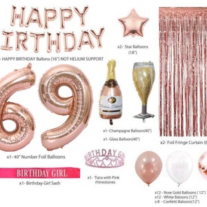 69th Birthday Rose Gold Decorations Incl. 40" Number "69" Balloons, 16 ...