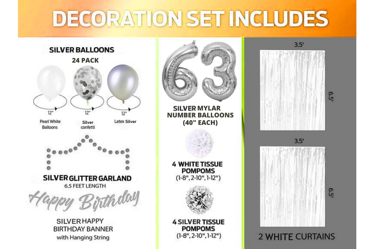 Silver & White 63rd Birthday Decorations for Women - 40" Number ...