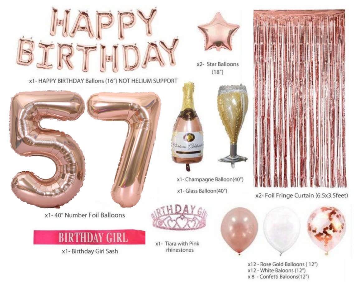 57th Birthday Rose Gold Decorations Incl. 40" Number "57" Balloons, 16 ...