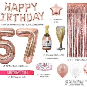 57th Birthday Rose Gold Decorations Incl. 40" Number "57" Balloons, 16 ...
