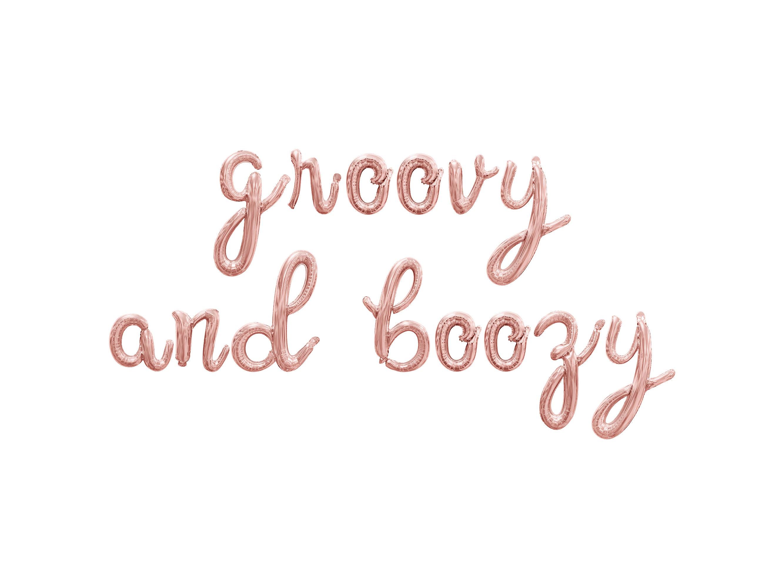 GROOVY AND BOOZY Cursive Letter Balloon Banner - Gold, Rose Gold ...