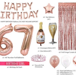 67th Birthday Rose Gold Decorations Incl. 40" Number "67" Balloons, 16 ...