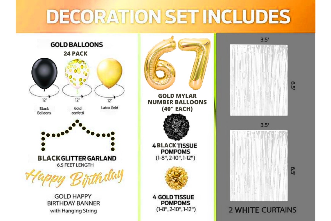 Gold & Black 67th Birthday Decorations for Women - 40" Number Balloons ...