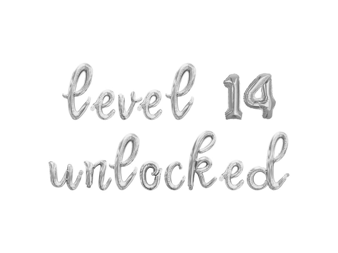 LEVEL 14 UNLOCKED Cursive Script Letter Balloon Banner - Gold, Rose ...