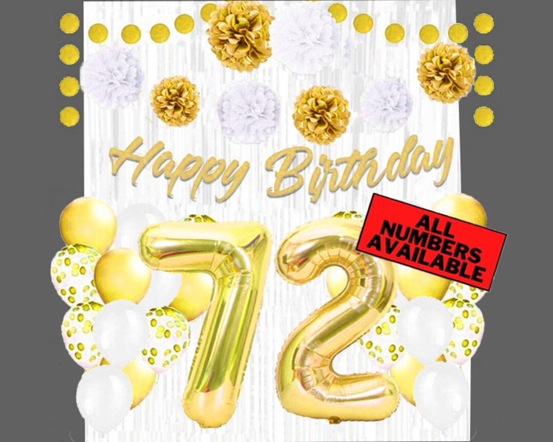 Gold & White 72nd Birthday Decorations for Women - 40" Number Balloons ...