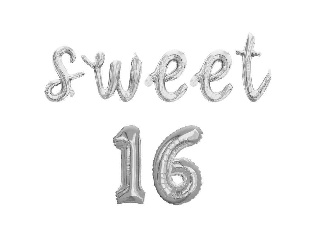 SWEET 16 Cursive Letter Balloon Banner - Gold, Rose Gold & Silver ...