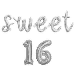 SWEET 16 Cursive Letter Balloon Banner - Gold, Rose Gold & Silver ...