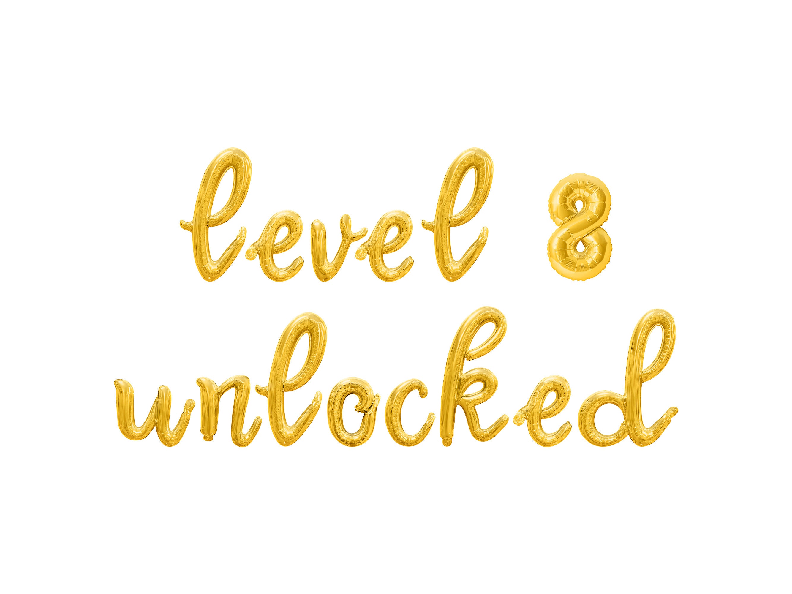 LEVEL 8 UNLOCKED Cursive Script Letter Balloon Banner - Gold, Rose Gold ...