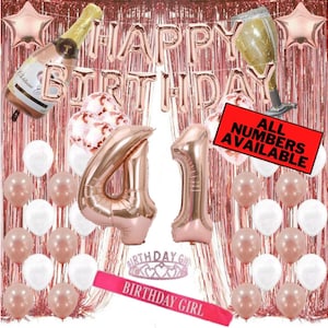 41st Birthday Rose Gold Decorations Incl. 40" Number "41" Balloons, 16 ...