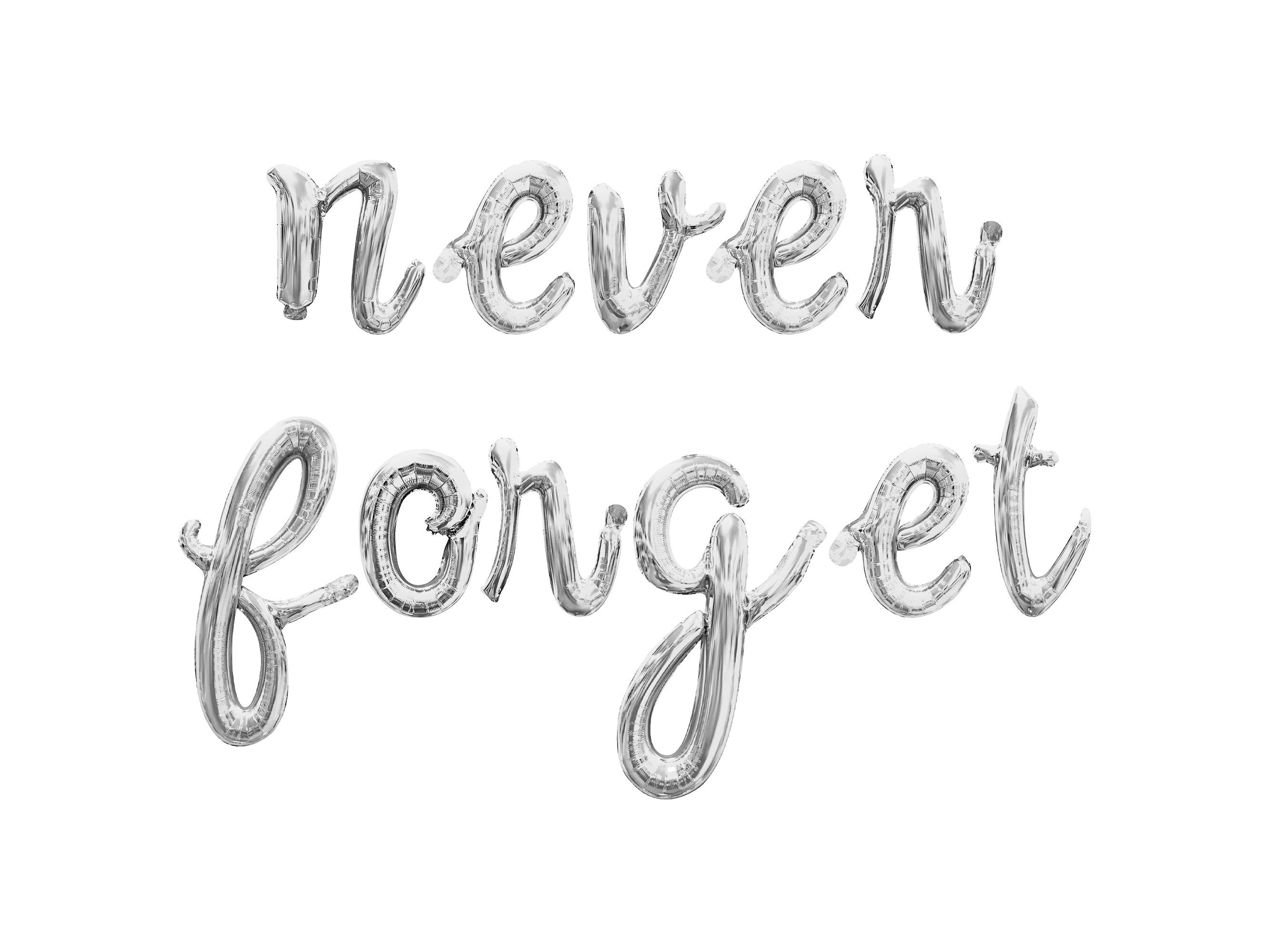 NEVER FORGET Cursive Letter Balloon Banner - Gold, Rose Gold & Silver ...