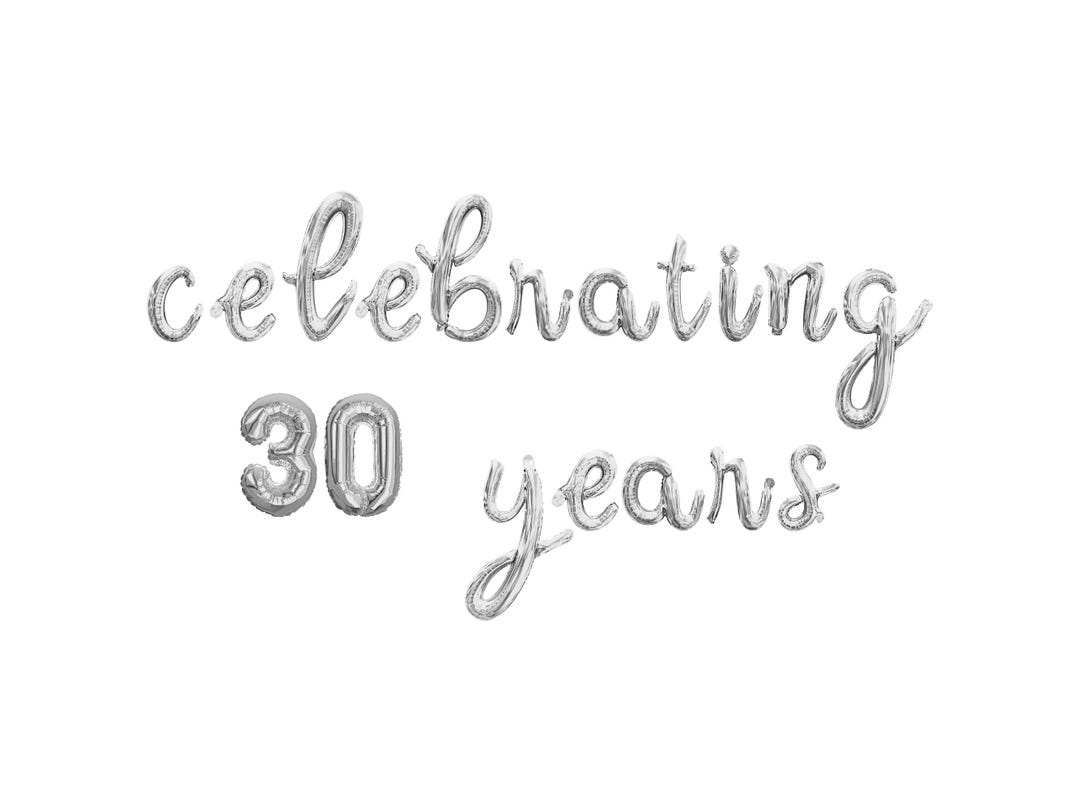 CELEBRATING 30 YEARS Cursive Script Letter Balloon Banner - Gold, Rose ...