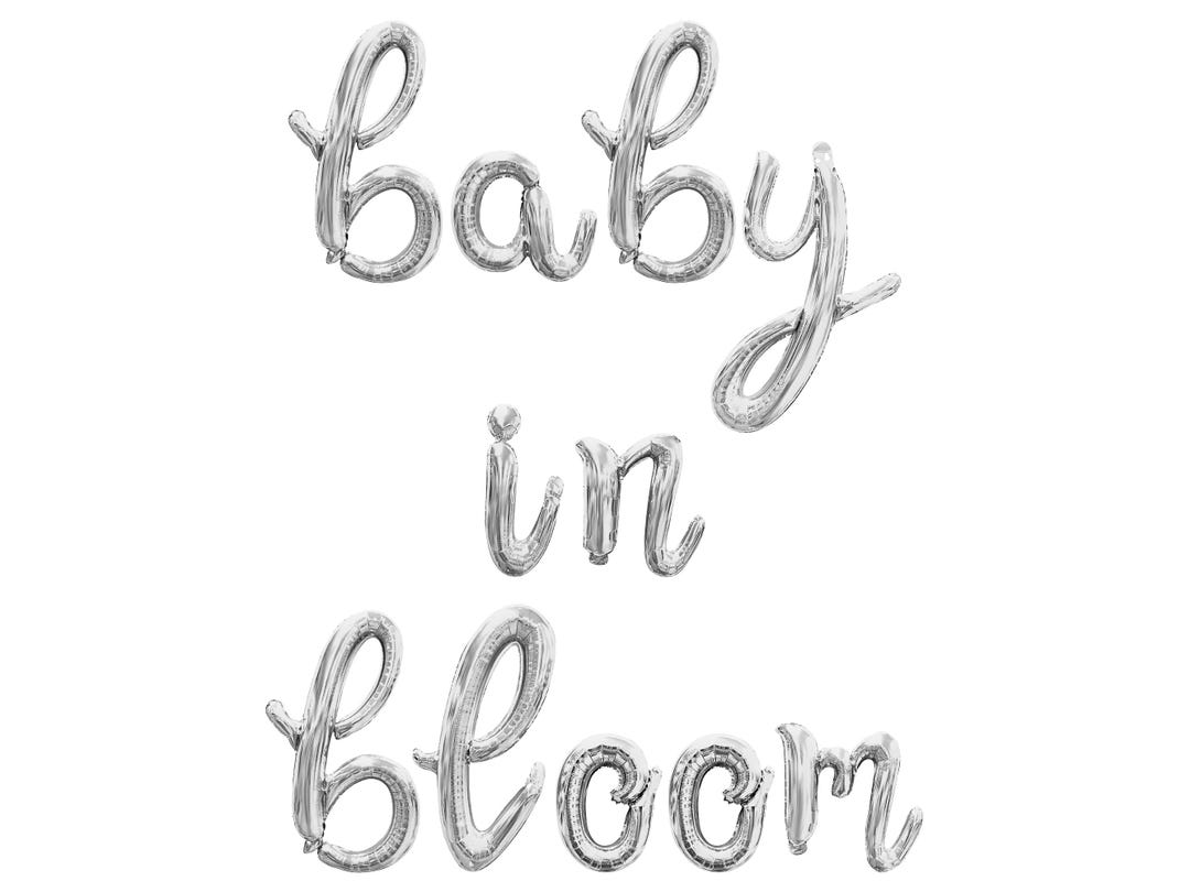 BABY IN BLOOM Cursive Letter Balloon Banner - Gold, Rose Gold & Silver ...