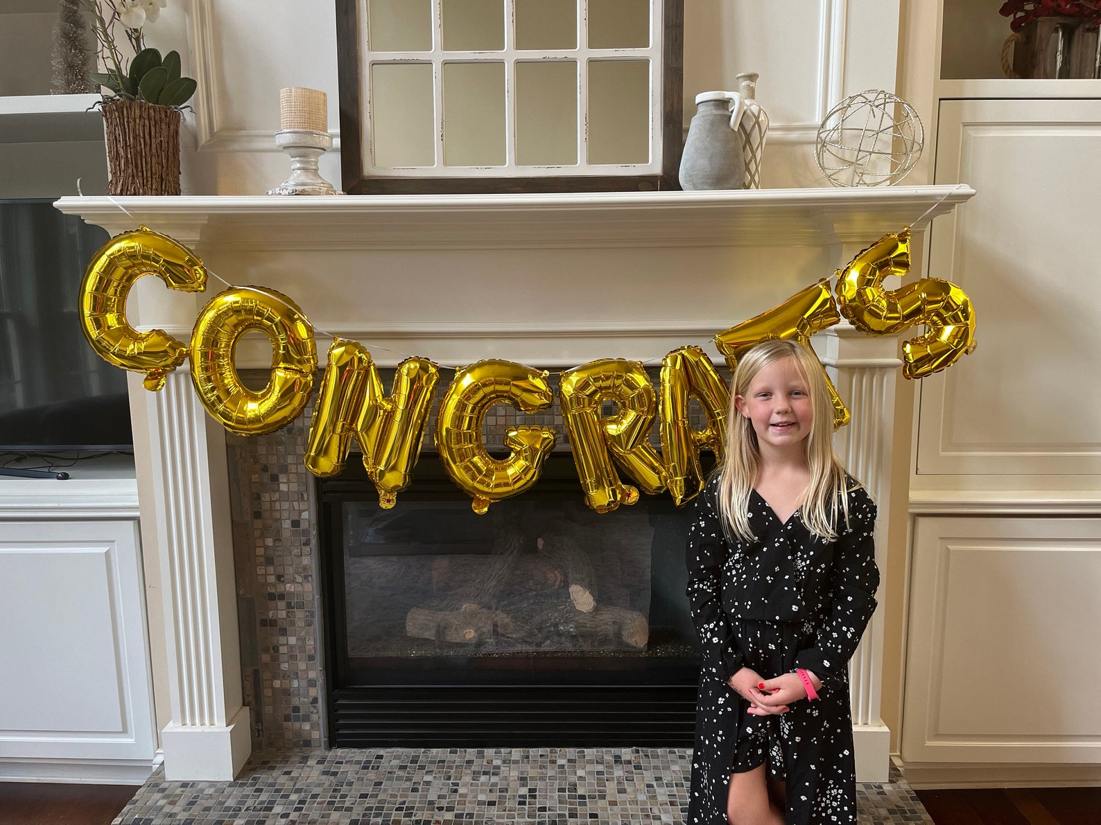 Congrats Balloon Banner W/ Custom Name Letter Balloons - Gold, Rose ...