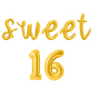 SWEET 16 Cursive Letter Balloon Banner - Gold, Rose Gold & Silver ...
