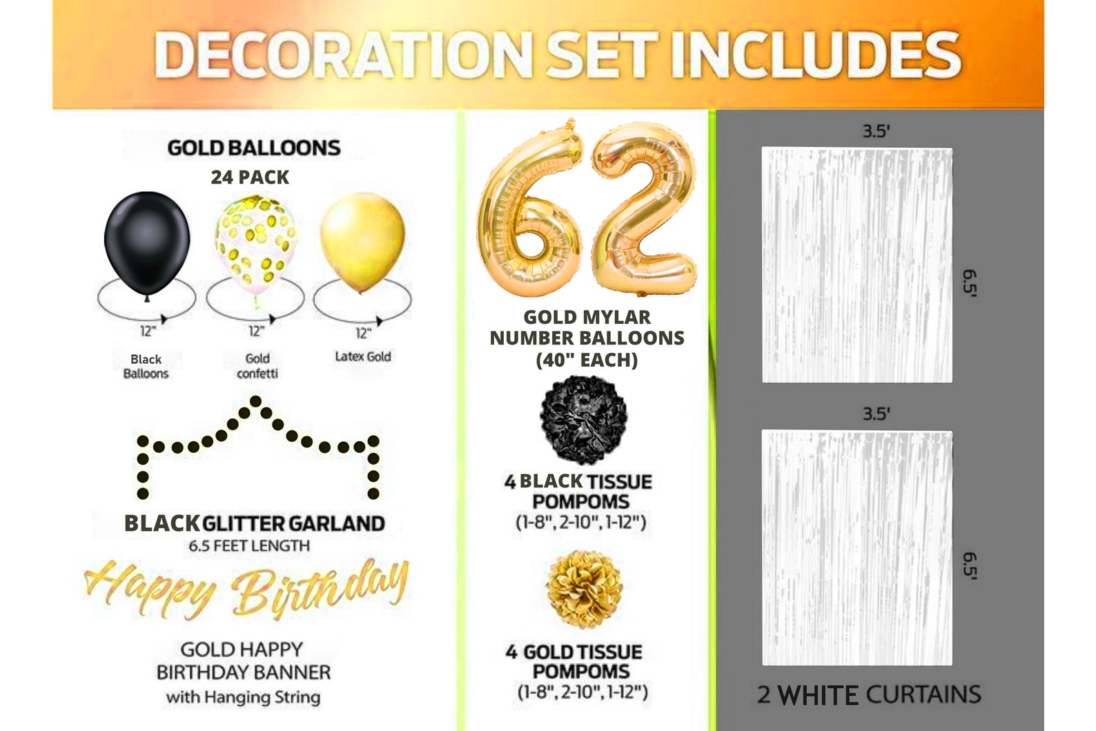 Gold & Black 62nd Birthday Decorations for Women 40 | Etsy
