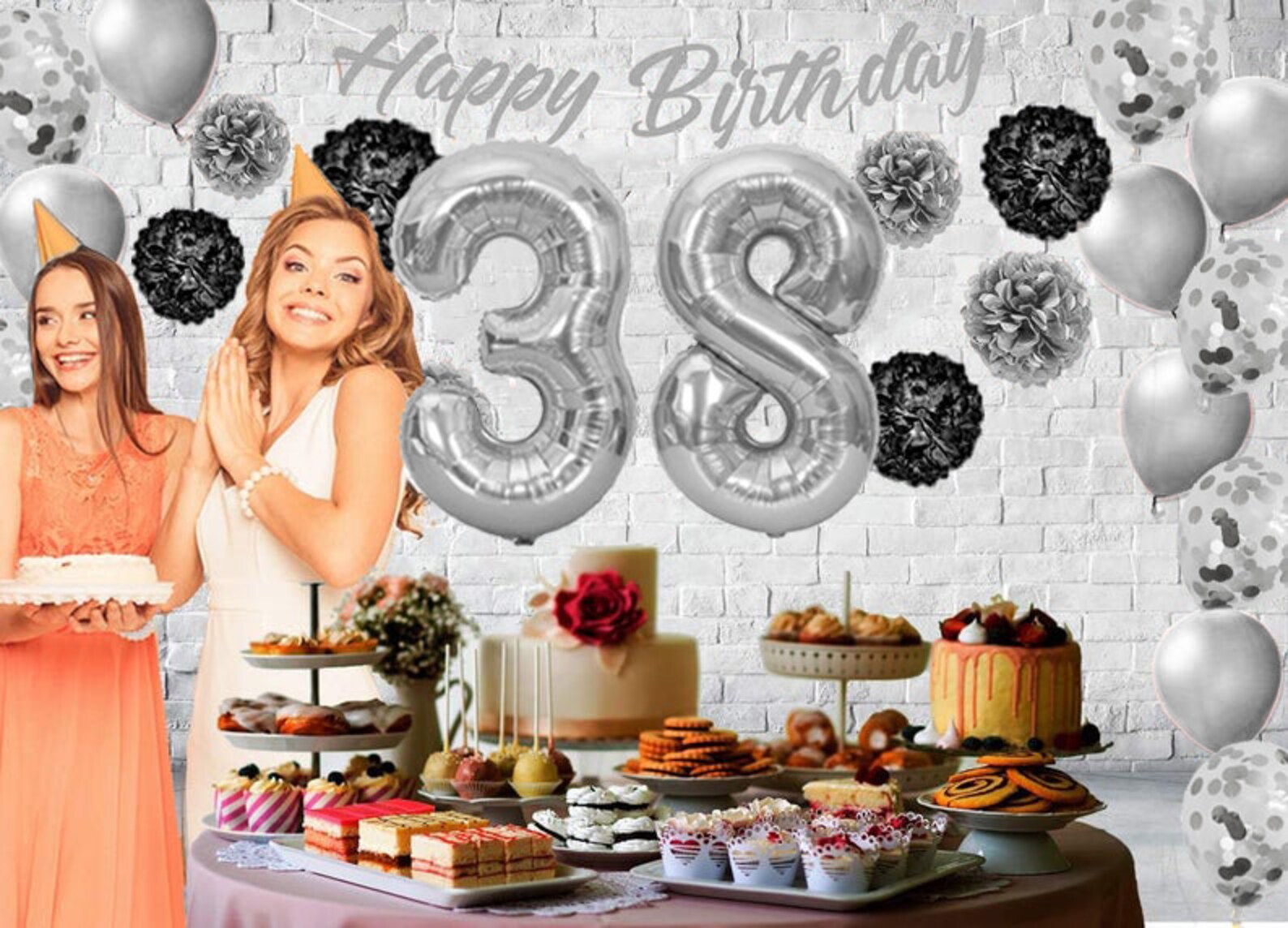 Black & Silver 38th Birthday Decorations for Women - 40" Number ...