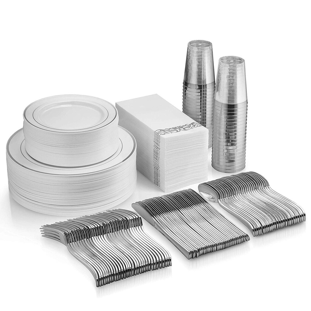 350 Piece Silver Dinnerware Set 100 Silver Rim Plates 150 Pieces ...
