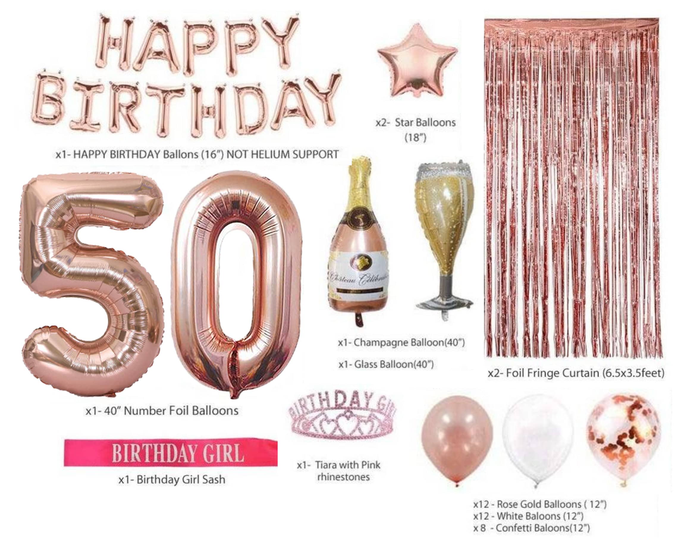 50th Birthday Rose Gold Decorations Incl. 40" Number "50" Balloons, 16 ...