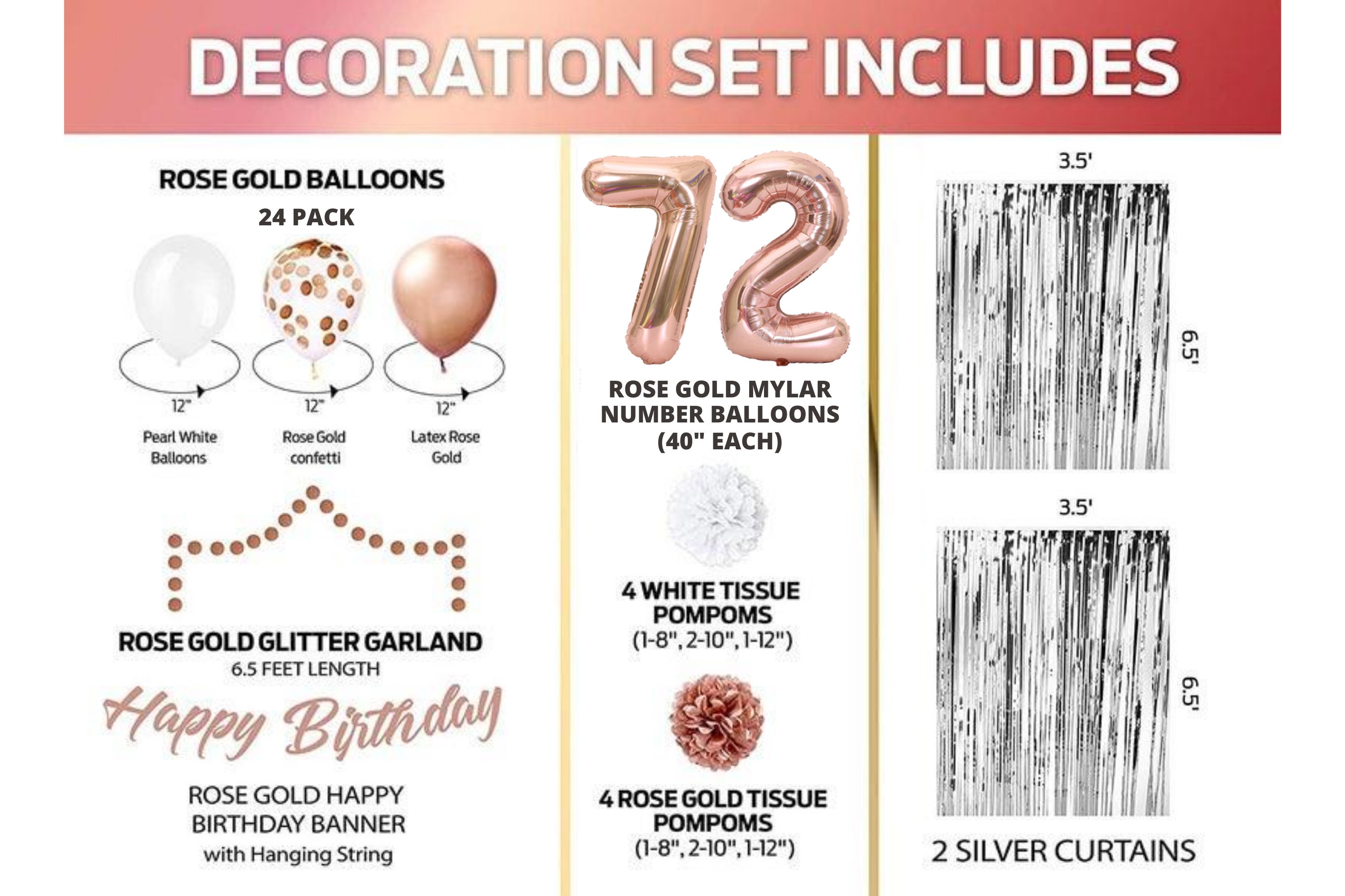 Rose Gold 72nd Birthday Decorations for Women - 40" Number Balloons, Banner, Silver Foil ...