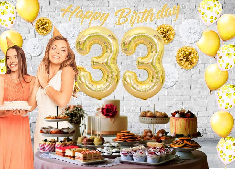 Gold & White 33rd Birthday Decorations for Women - 40" Number Balloons ...