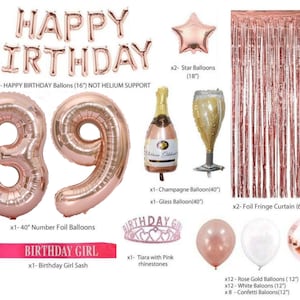 39th Birthday Rose Gold Decorations Incl. 40 Number 39 Balloons, 16 ...