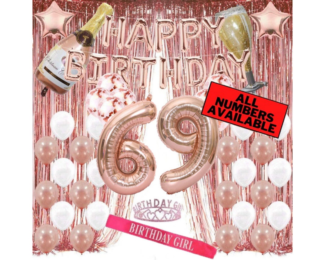 69th Birthday Rose Gold Decorations Incl. 40" Number "69" Balloons, 16 ...