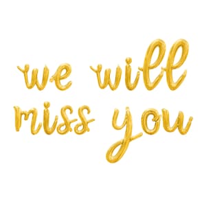 We Will Miss You Cursive Letter Balloon Banner - Gold, Rose Gold ...