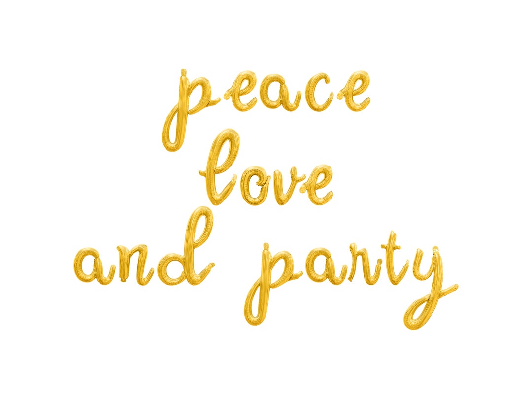 Peace Love and Party Cursive Letter Balloon Banner - Gold, Rose Gold ...