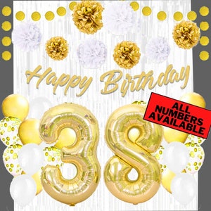 Gold & White 38th Birthday Decorations for Women - 40" Number Balloons ...