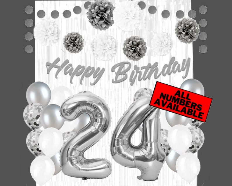 Black & Silver 24th Birthday Decorations for Men - 40" Number Balloons ...