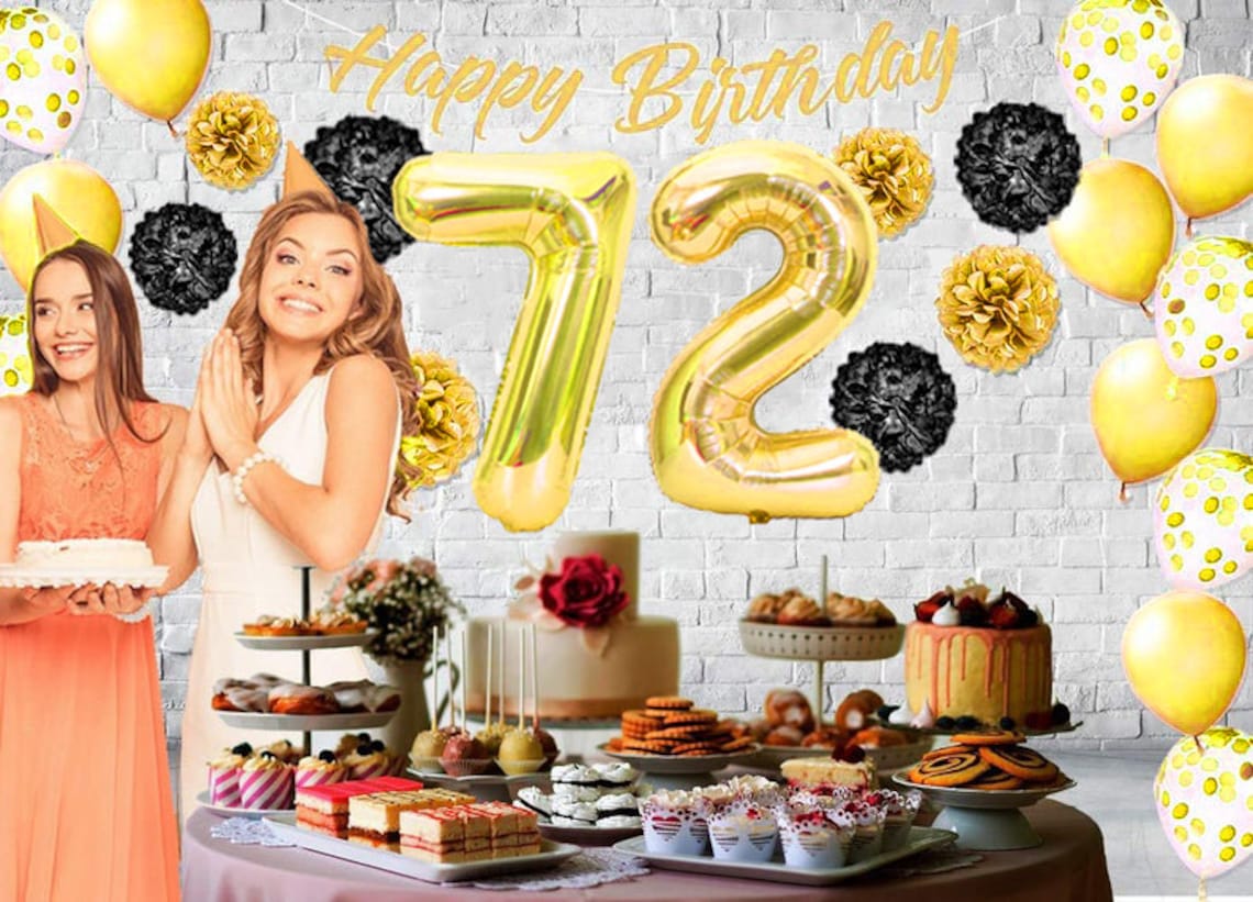 Gold & Black 72nd Birthday Decorations for Women - 40" Number Balloons, Banner, Foil Curtains ...