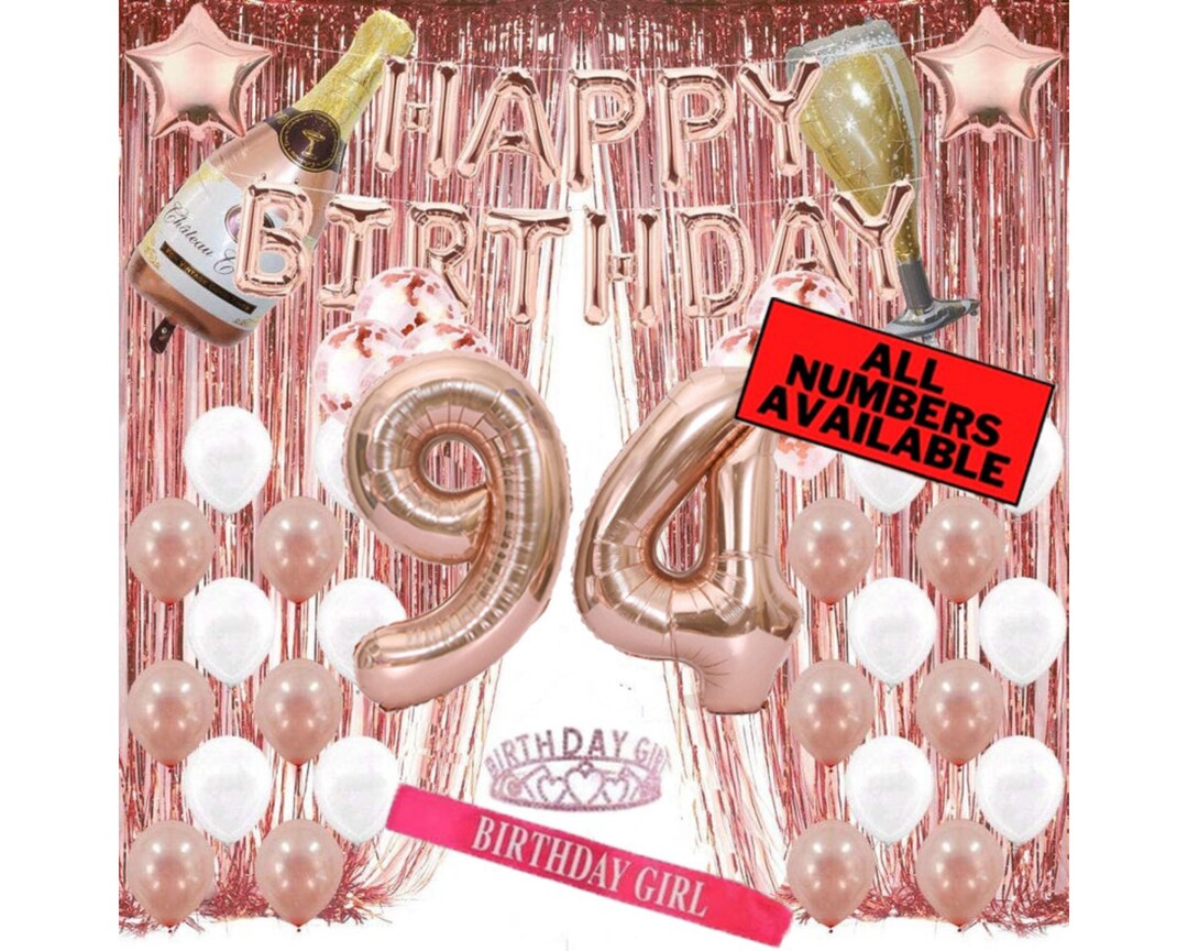 94th Birthday Rose Gold Decorations Incl. 40" Number "94" Balloons, 16 ...