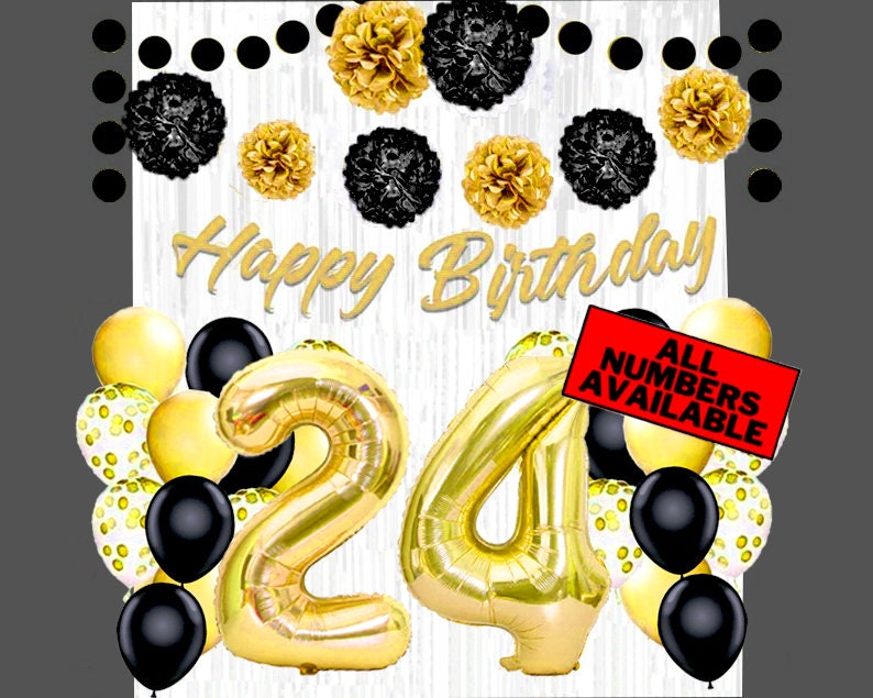 Black & Silver 24th Birthday Decorations for Men - 40" Number Balloons ...